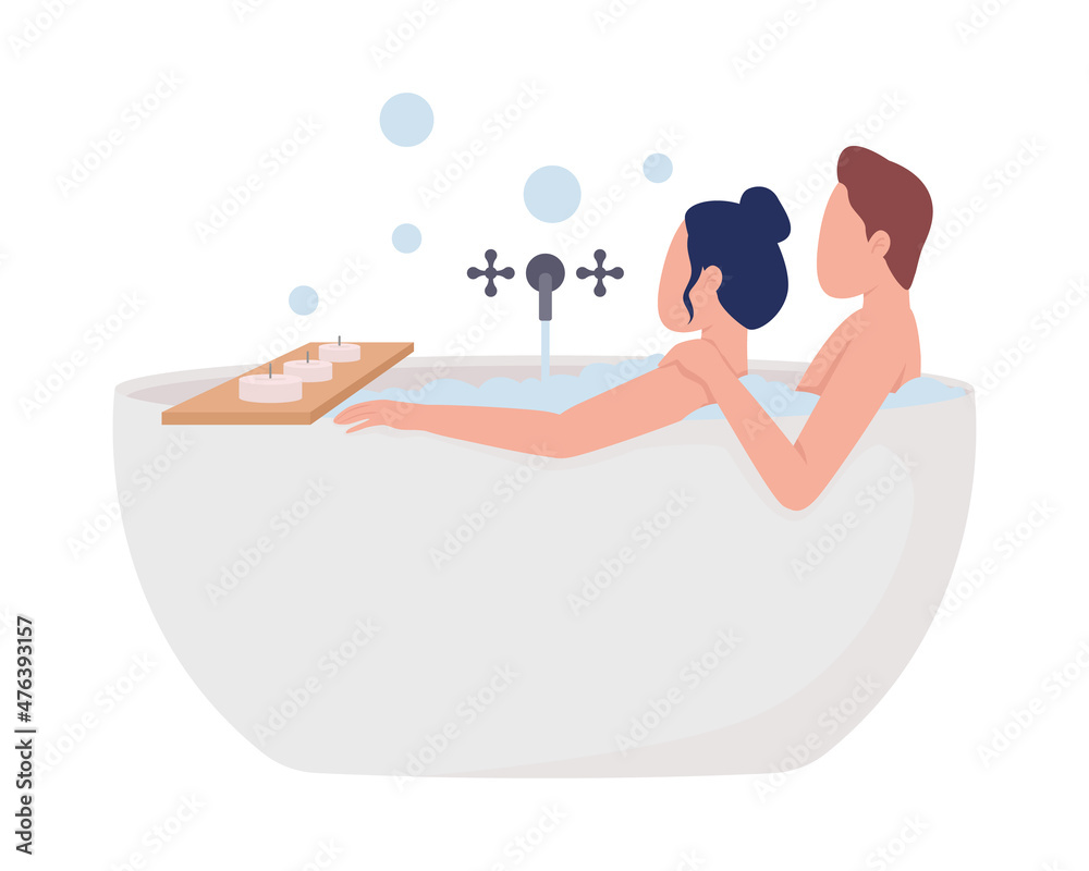Couple taking romantic bath semi flat color vector characters ...