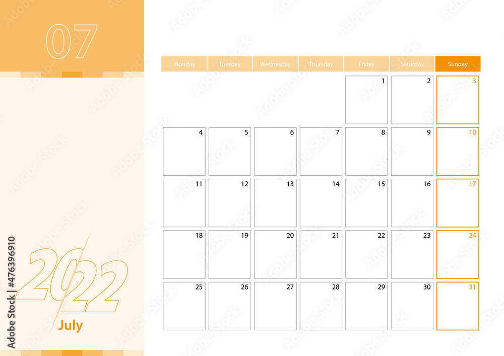 Horizontal planner for July 2022 in the orange color scheme. The week ...