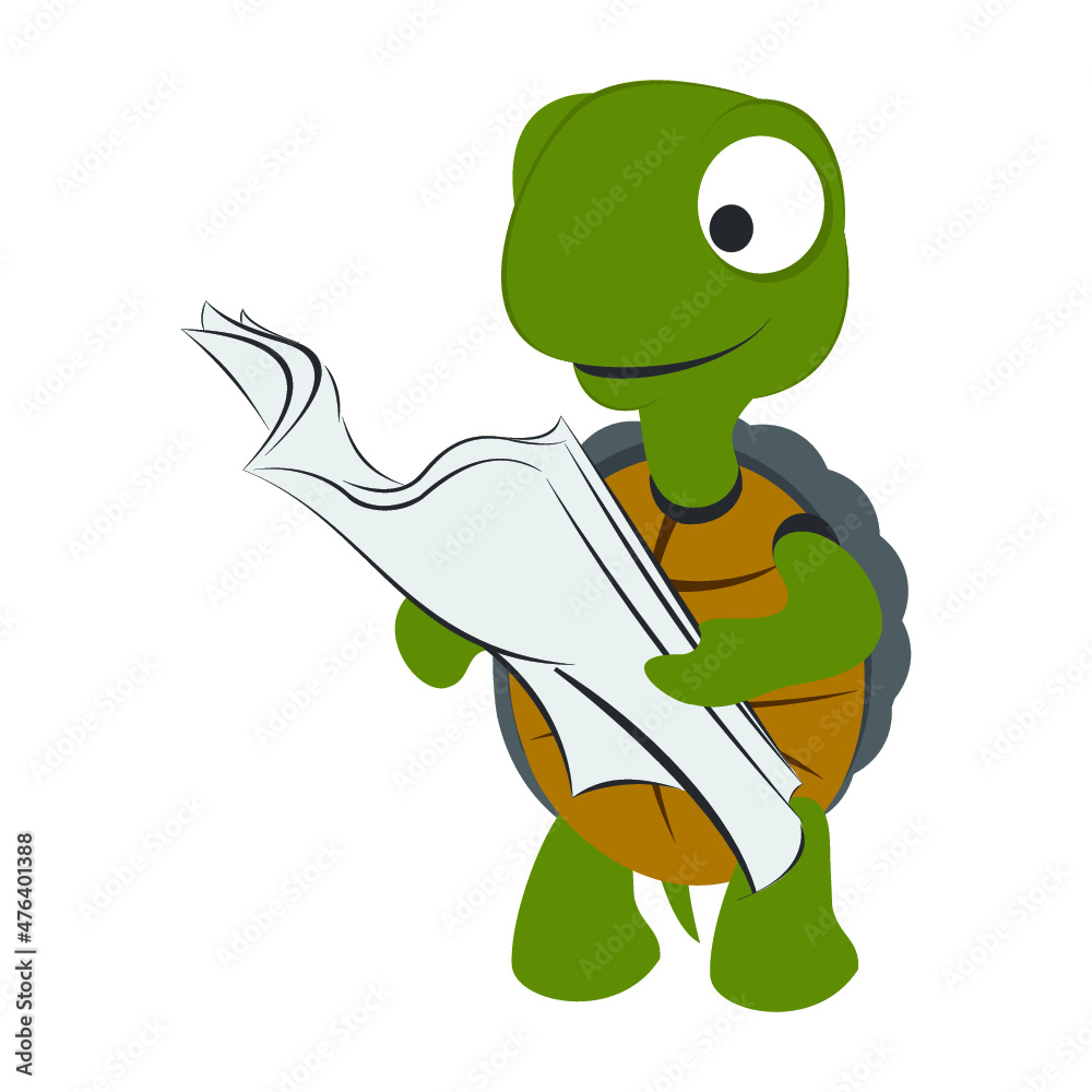 Cartoon Smile Turtle Tortoise Standing Reading a Newspaper Vector ...