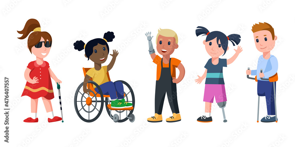 Cartoon kids with physical disabilities vector illustrations set. Blind ...