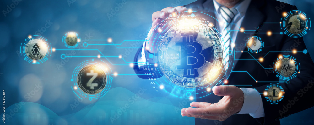 Digital bitcoin and crypto currency network, Blockchain and NFT ...