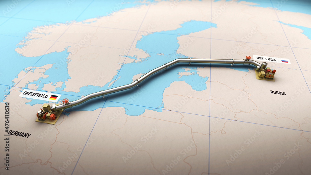 3D Render of process Nord Stream 2 gas pipeline building between Russia ...