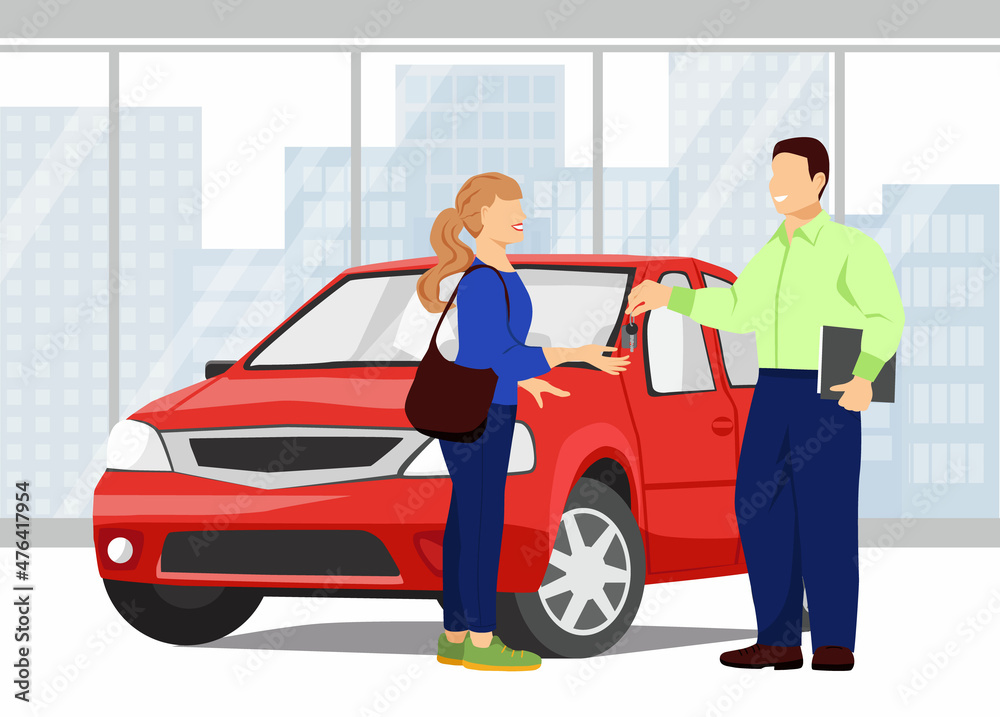 Car showroom. Seller man gives the girl the keys to a new car. Red car ...