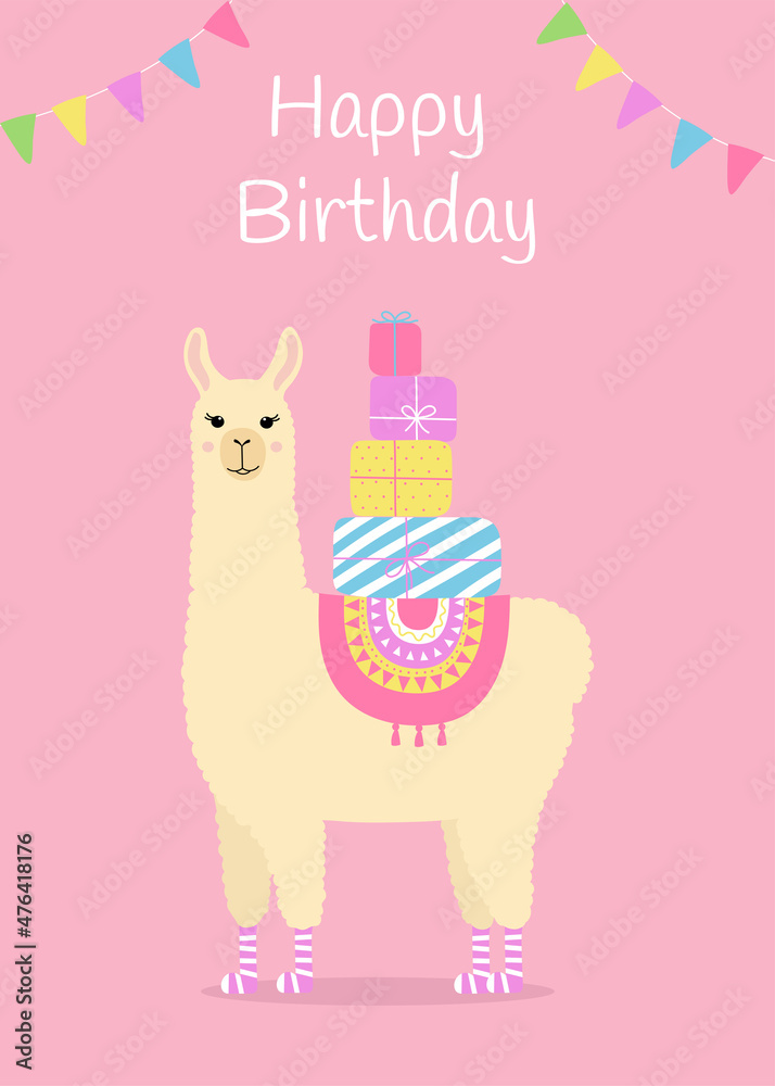 Happy birthday greeting card with cute llama. Funny alpaca with ...