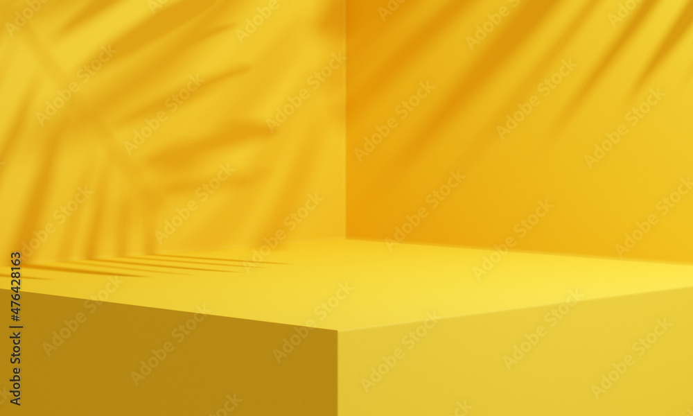 Yellow background studio interior room with tropical palm shadow ...