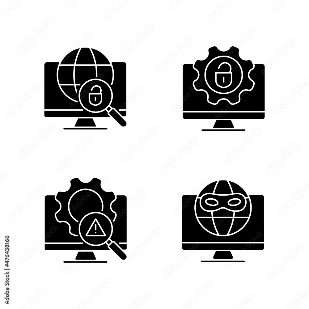 Illegal activities detection black glyph icons set on white space ...