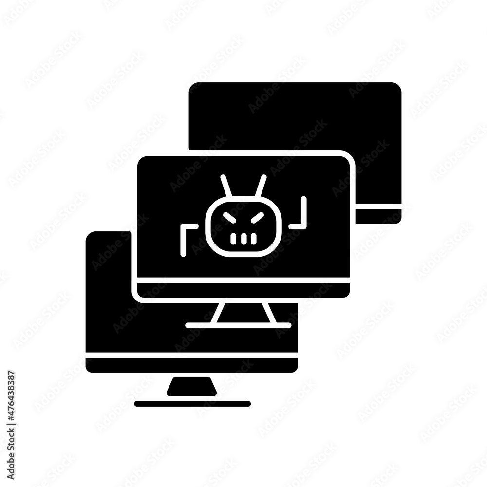 Botnet black glyph icon. Internet connected devices. Huge hacker attack ...