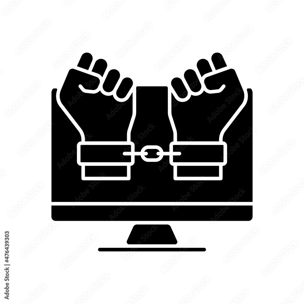 Hacker catching black glyph icon. Detect, pursue and catch ...
