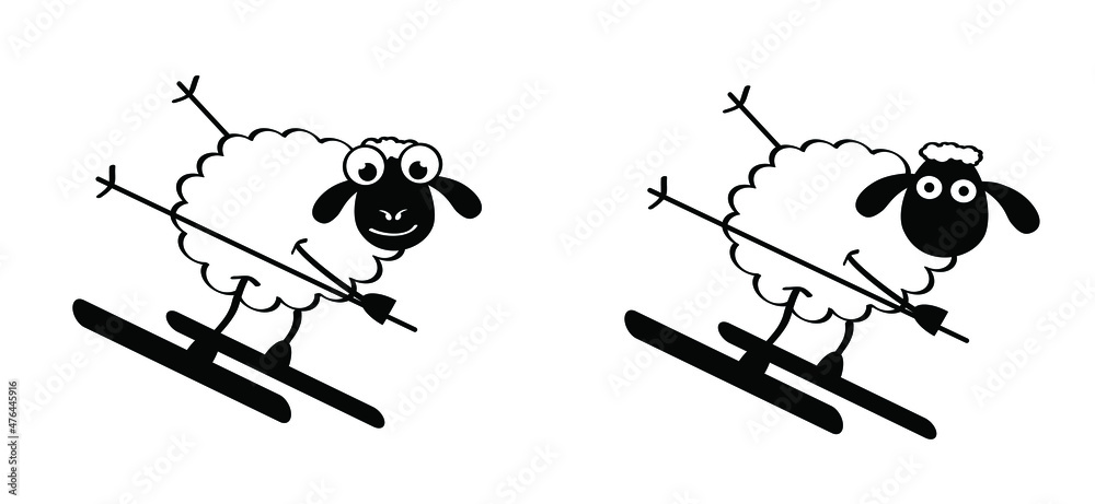 Cartoon, comic cutsheep stickman with ski jump. Sheep spring skier icon ...