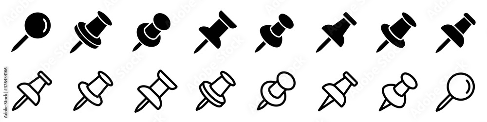 Push pin icons set. Thumbtack for note attach collection. Paperclip ...