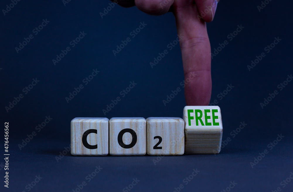 CO2 changes and free symbol. Businessman turns a wooden cube and ...
