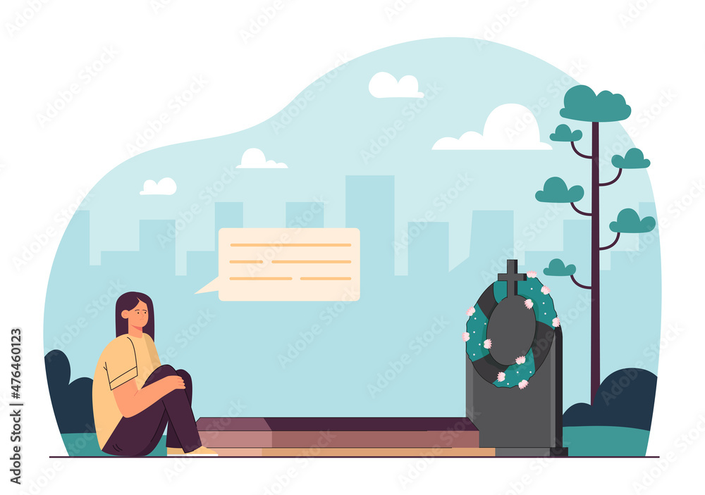 Sad woman mourning family loss on cemetery. Crying girl sitting alone ...