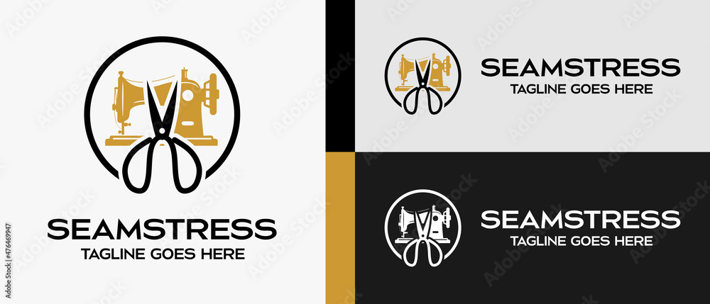 sewing machine and clothes scissors with silhouettes in a circle. logo ...