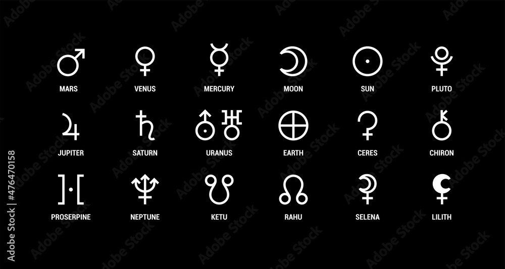 Planet symbol. Vector white sign on black. Mars, venus, mercury and ...
