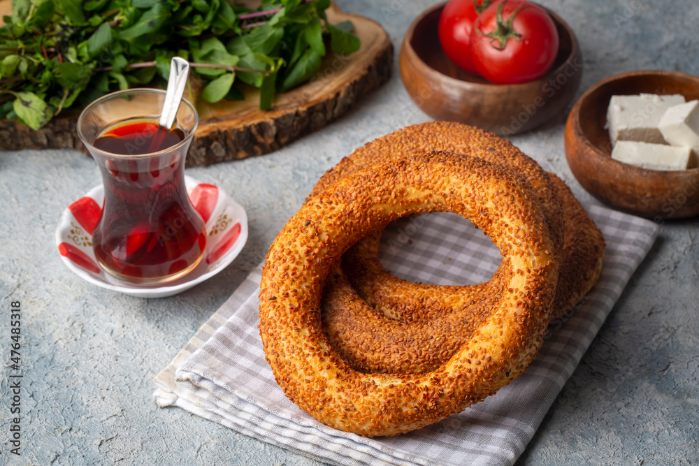 Turkish fast food bagel called Simit. Turkish bagel Simit with sesame ...