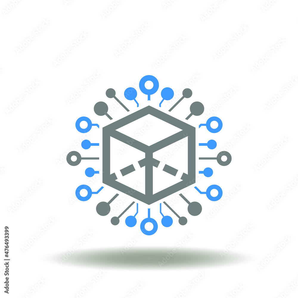 Vector illustration of circuit lines with 3d cube. Icon of BIM. Symbol ...