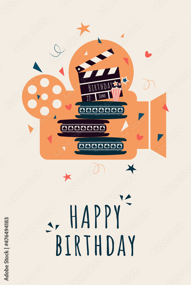 Happy birthday greeting card. Text on the background of the reels film ...