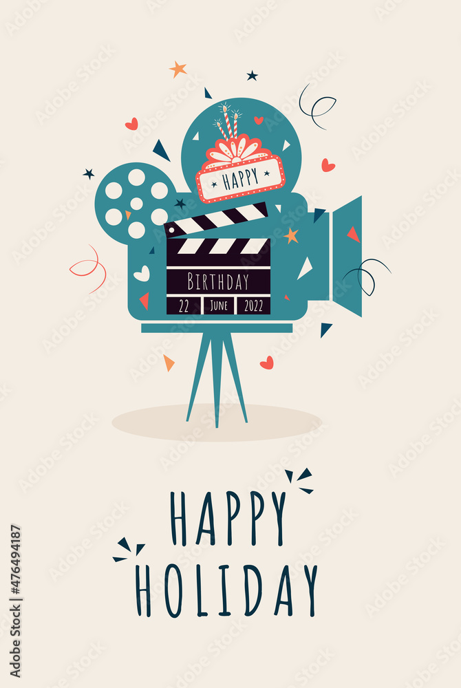 Greeting card. Text on the background of movie clapper and movie ...
