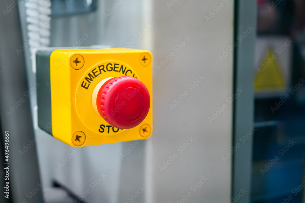 Close up view: machine control panel with power red switch button ...