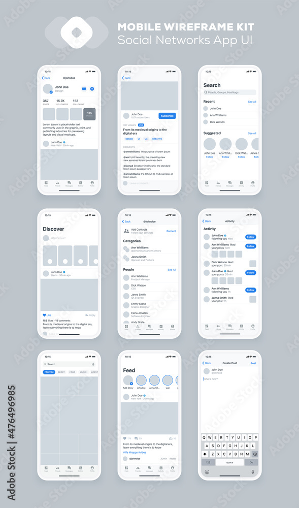 Mobile app design. UI UX wireframe kit for smartphone. New OS screens ...