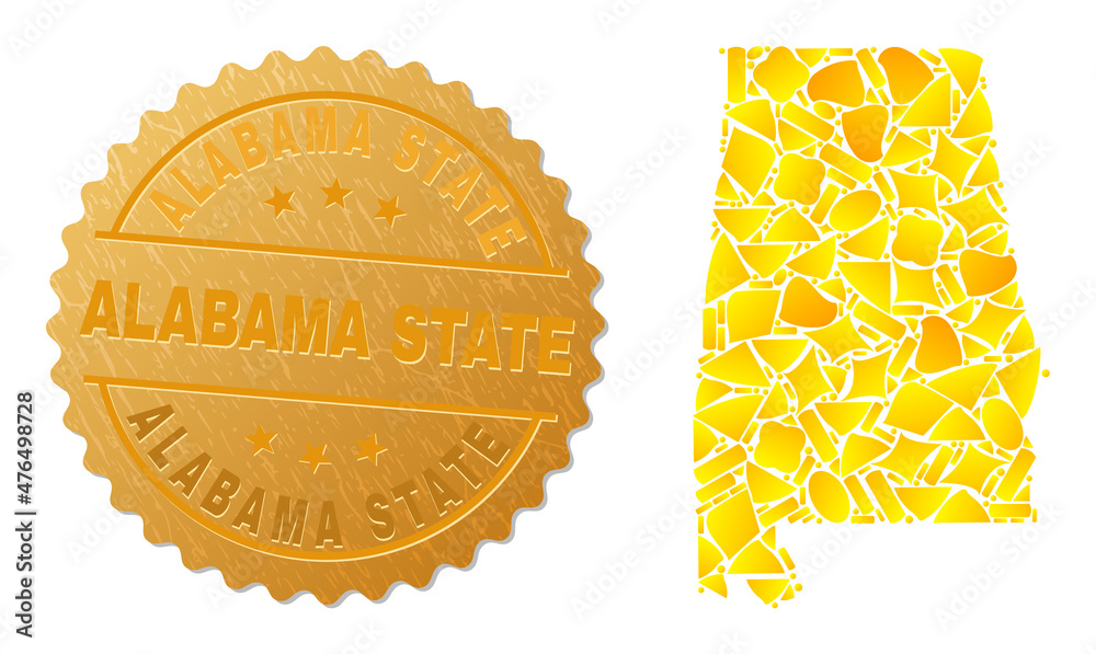 Golden collage of yellow items for Alabama State map, and gold metallic ...