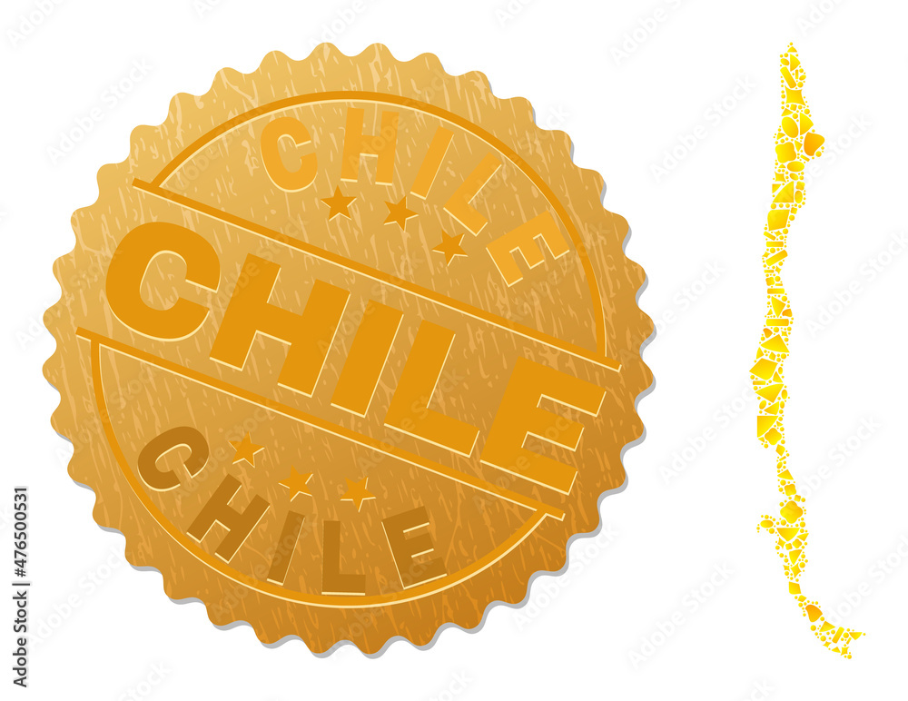 Golden composition of yellow elements for Chile map, and golden ...
