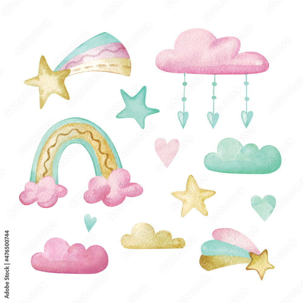 Cute watercolor clipart with rainbow, shooting star, moon, clouds on a ...