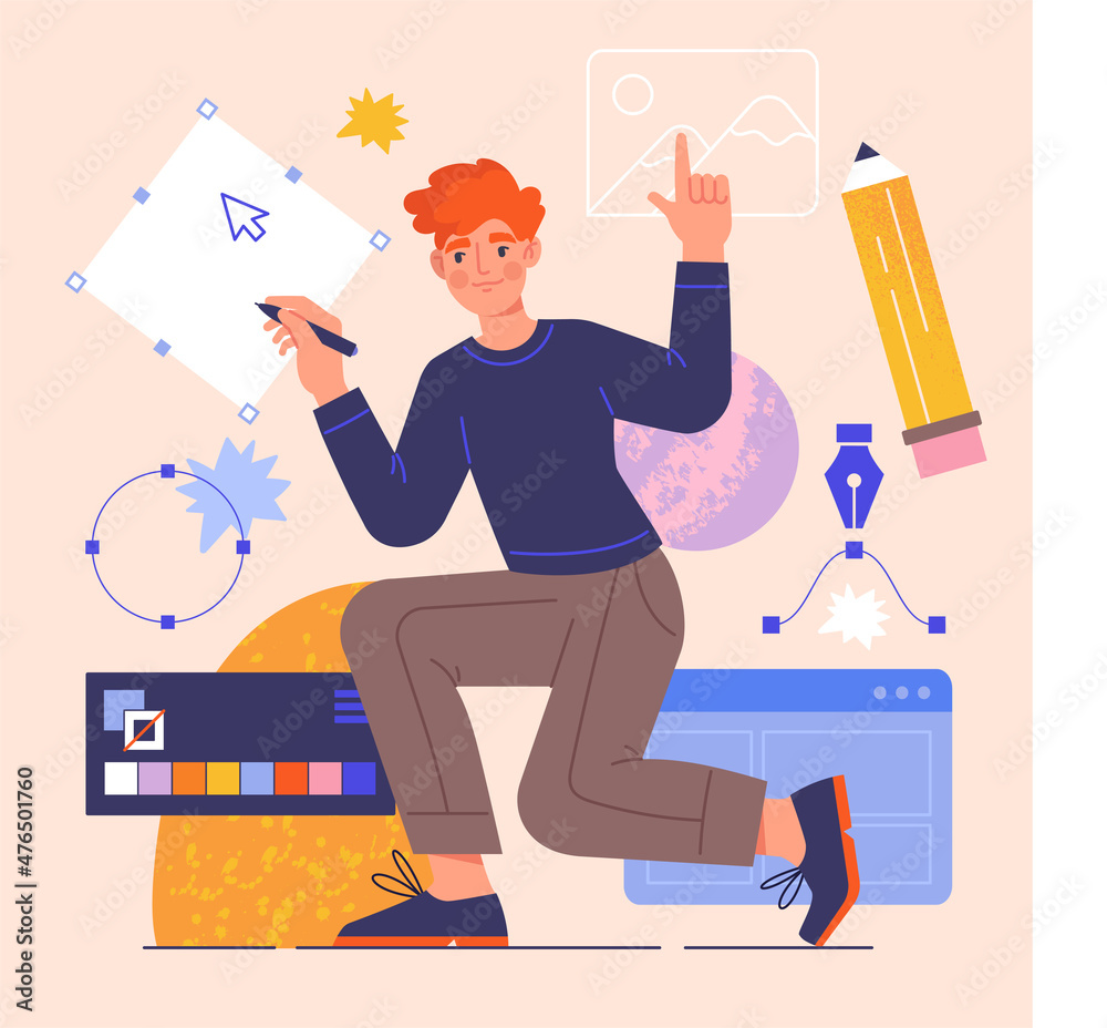 Boy designer concept. Character with pencil in his hands works in ...