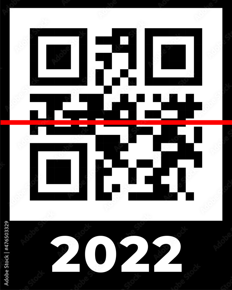 Real QR code 2022 numbers with red scan line. Happy New Year with covid ...