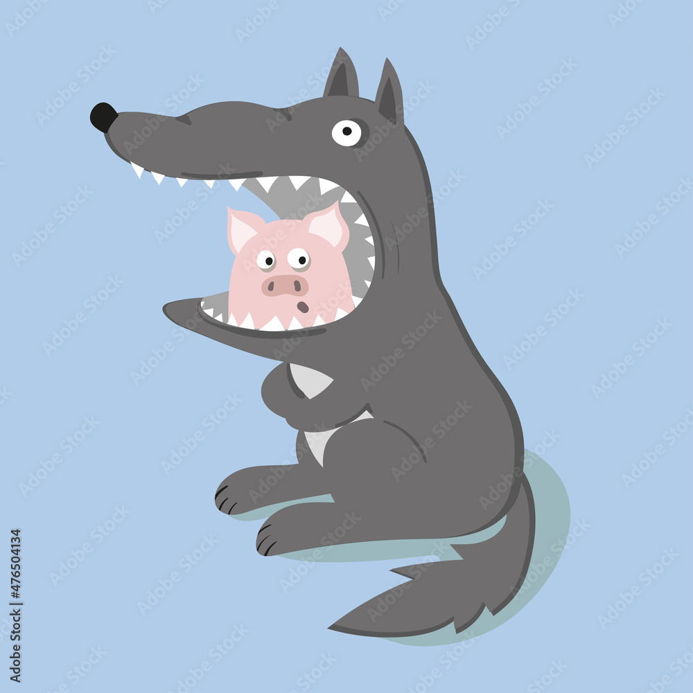 Wolf swallowed Little pig. Vector fairy tale illustration. Stock Vector ...