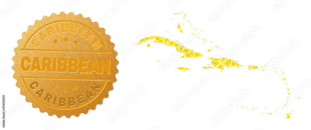 Golden collage of yellow spots for Caribbean Islands map, and gold ...