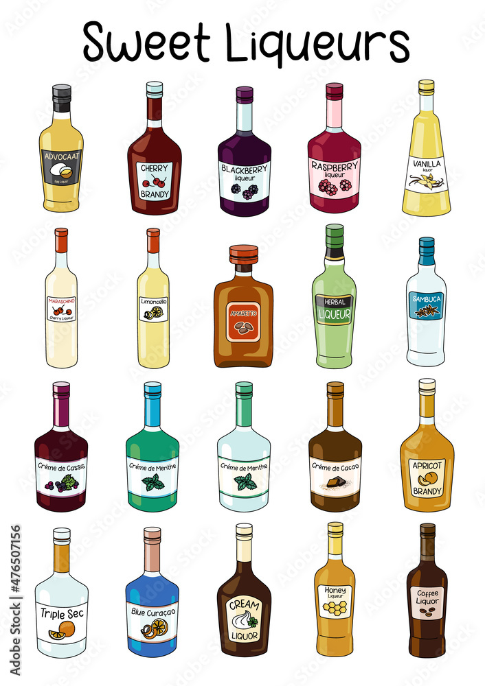 Collection set of classic Sweet Liqueurs. Doodle cartoon hipster style ...
