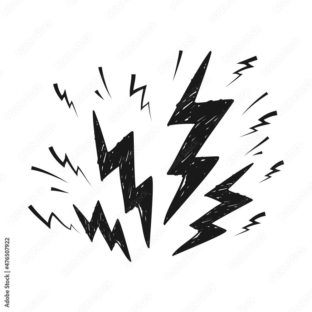 Set of electric lightning, thunder bolt in doodle style. isolated on ...