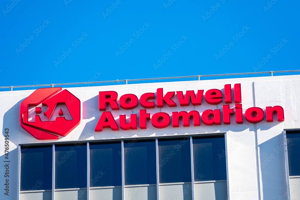 Rockwell Automation sign, logo on the facade of Silicon Valley office ...