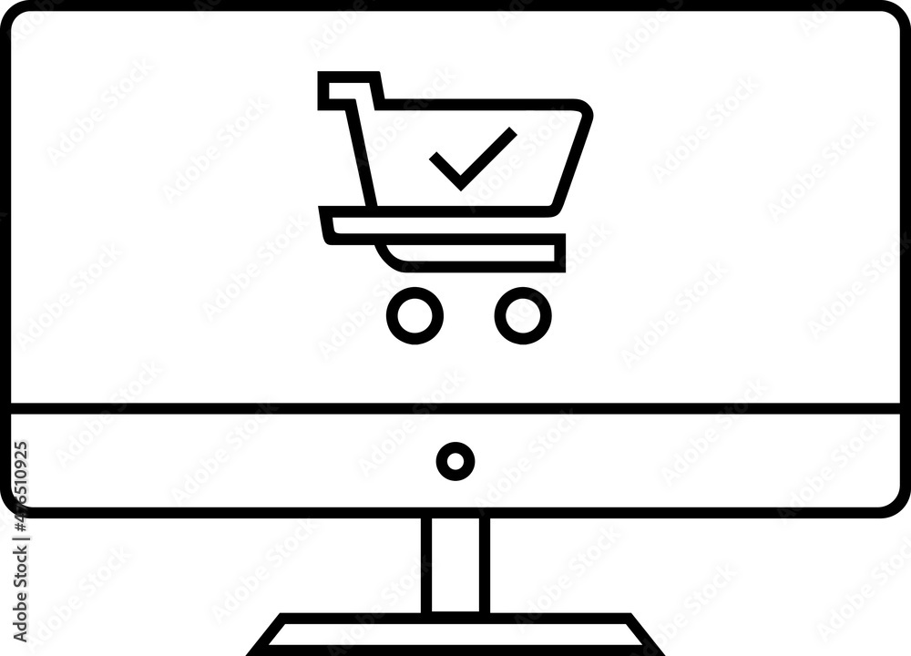 Computer, Shopping Cart and Check Mark Icon. Trolley symbol on white ...