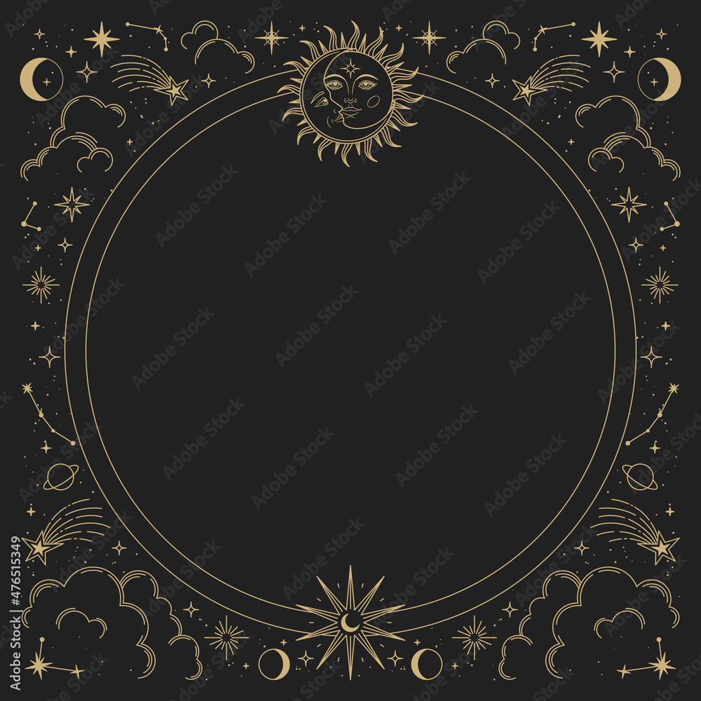 Magic vector frame with sun, moon, stars and constellations. Gold ...