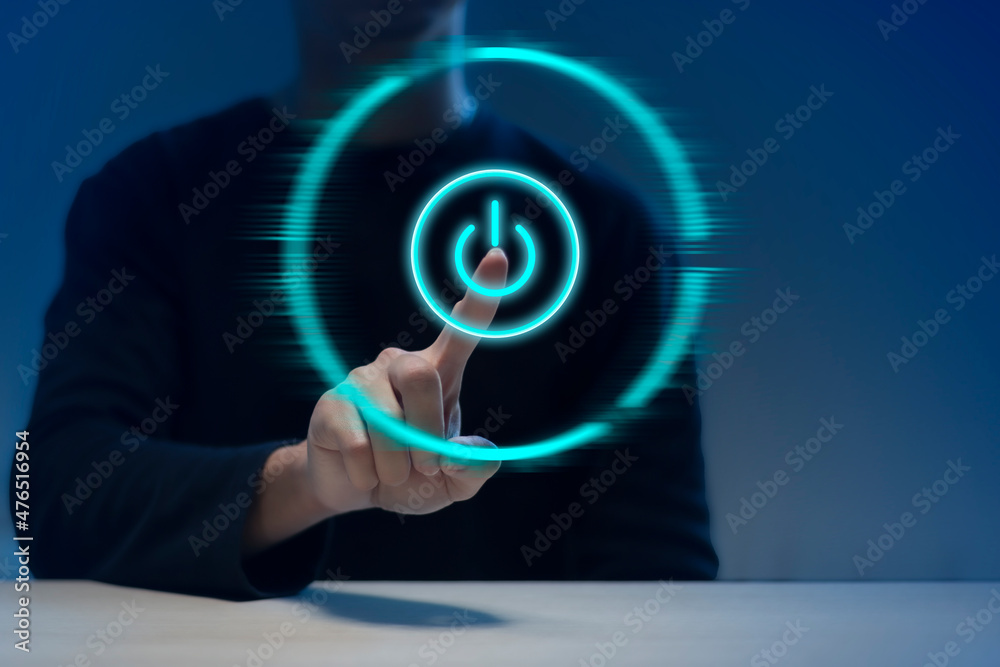 Touch render power button on touchscreen technology. Metaverse Concept ...