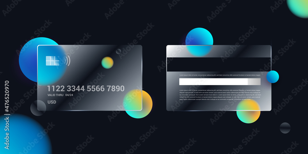 Glassmorphism bank card in popular Frosted Glass style. For banners ...