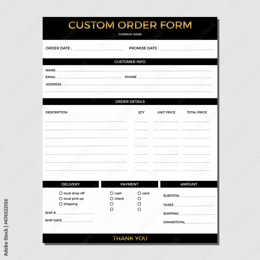 Black gold custom order form template, digital invoice Stock Vector ...