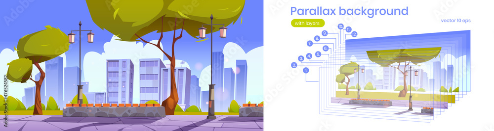 City park with bench, lanterns and town buildings on skyline. Vector ...
