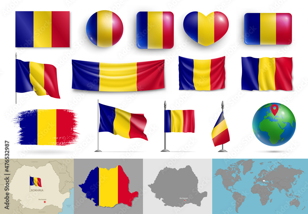 Romania flags of various shapes and country map set. Realistic Romanian ...