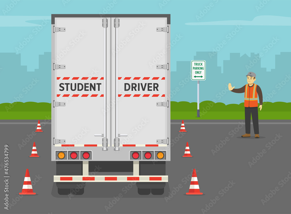 Heavy vehicle driving practice test with red cones. Student driver ...