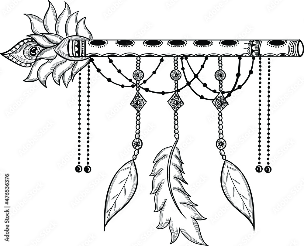Artistic line drawing of Indian Classical Music Instrument flute ...