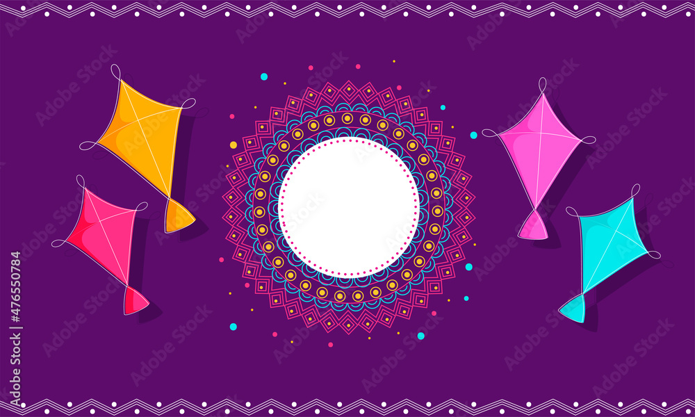 Empty Round Mandala Frame With Colorful Kites On Purple Background ...