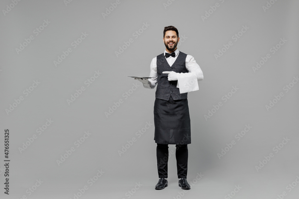 Full body fun young smiling barista male waiter butler man wear white ...