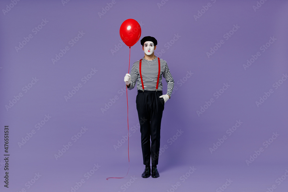 Full size body length vivid young mime man with white face mask wears ...