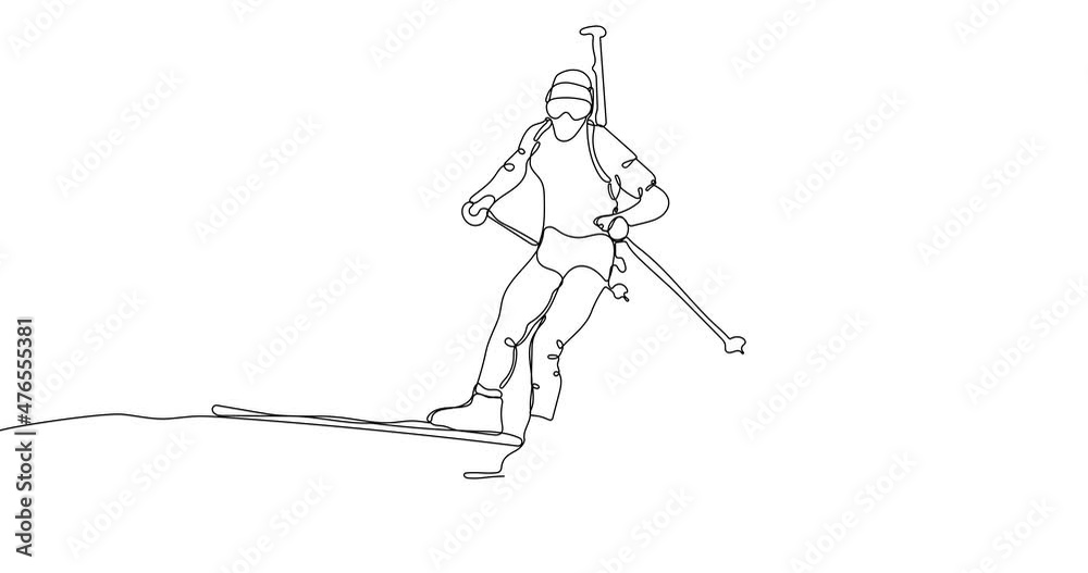 Animated continuous line drawing of biathlon athlete. Skiing and ...