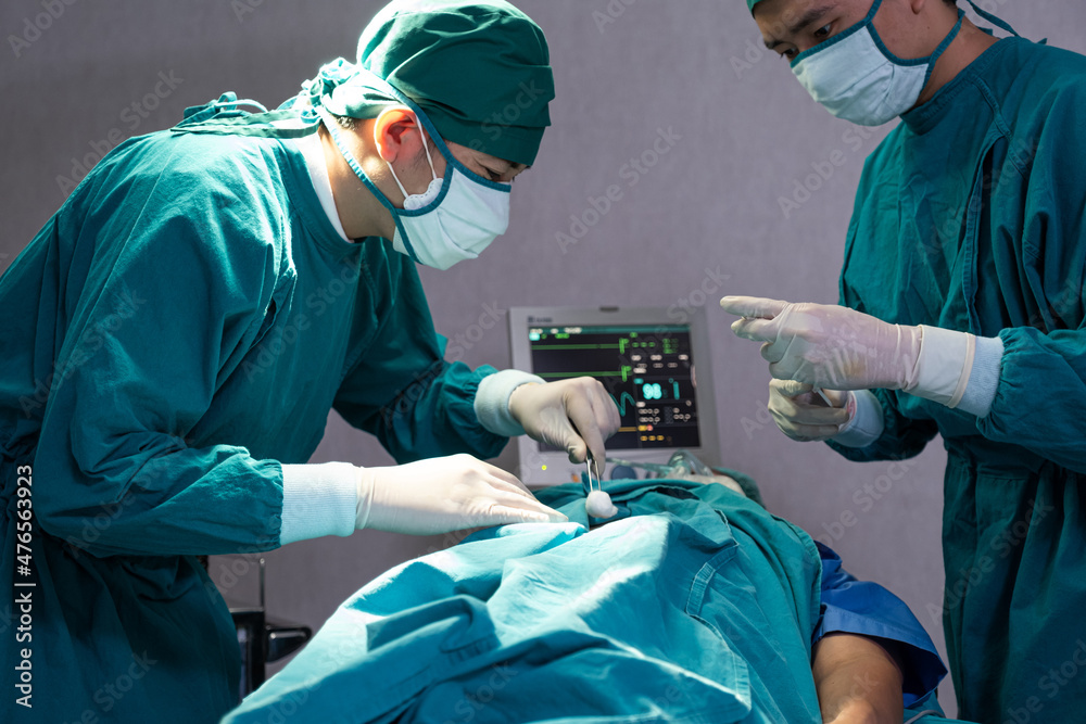 Selective focus at knife. Doctor using operate surgical knife to cut on ...
