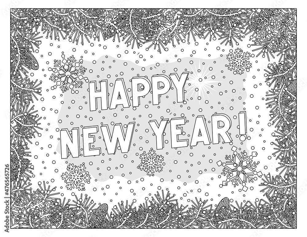 Happy New Year! - black and white printable coloring page for adults ...