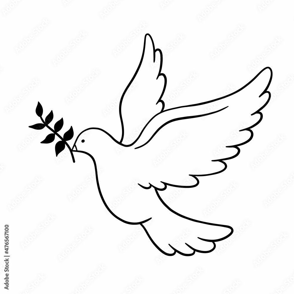 Dove of peace with olive brunch linear icon. Outline vector ...